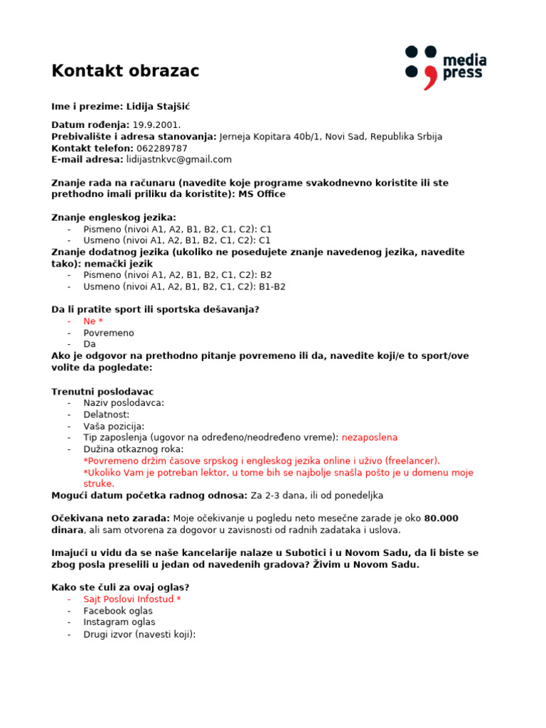 Kontakt Obrazac - LS | PDF