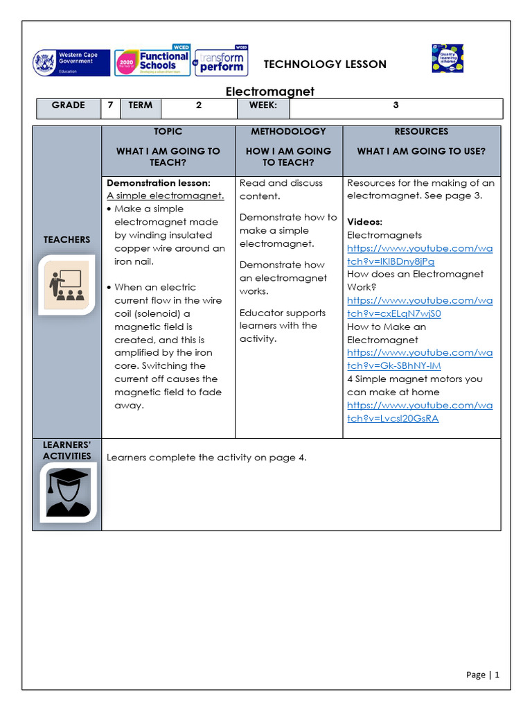 Lesson Plan Get SP Grade 7 Technology Term 3 Week 3 | PDF | Wire | Magnetic Field