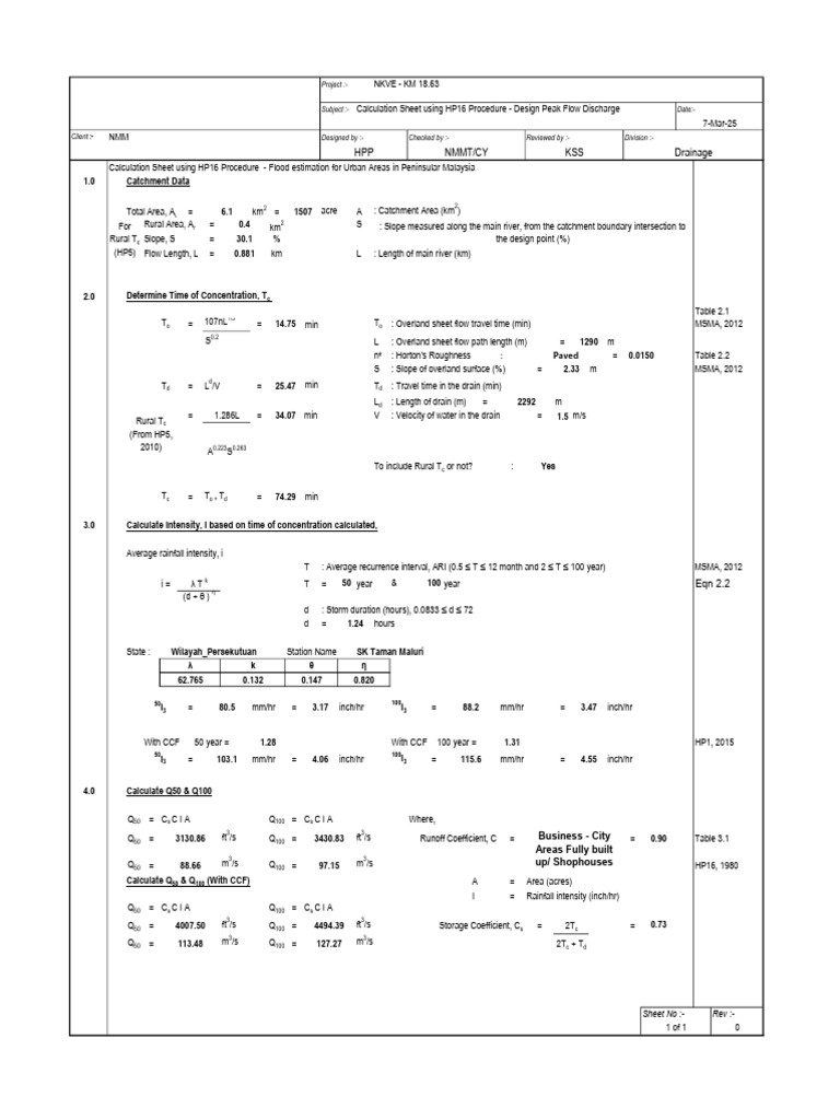 Appendix A Detail Calculations For 50 Year, q50 and 100 Year, q100 Ari Peak Flow | PDF ...