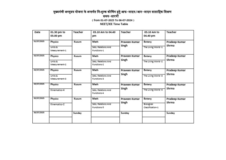 NEET Time Telal 2025-2026 | PDF