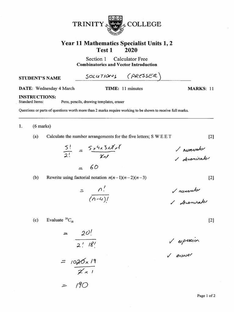 11MAS Test 1 Combinatorics and Vector Introduction (Solns) | PDF ...