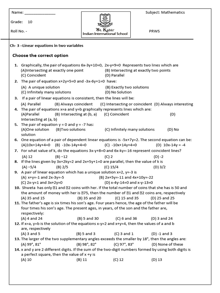 Ch-3 Worksheet Math GR 10 | PDF | Equations | System Of Linear Equations