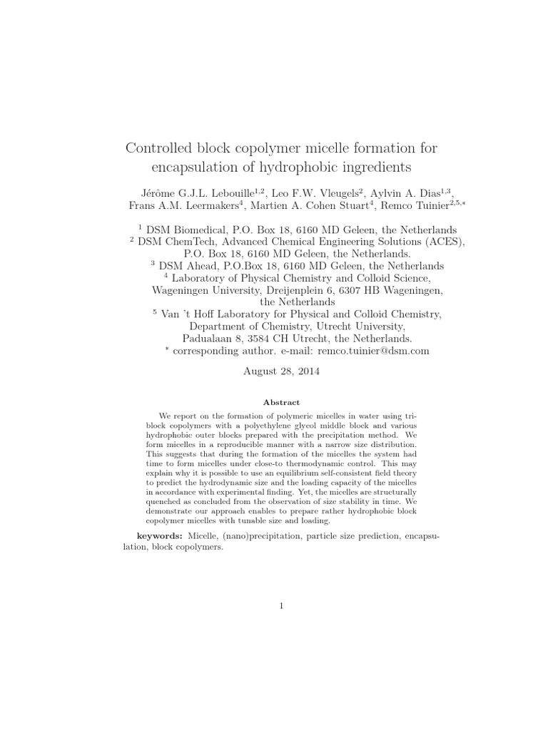 Controlled Block Copolymer Micelle Formation For Encapsulation of ...