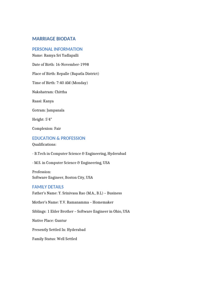 Ramya Sri Yadlapalli Marriage Biodata | PDF