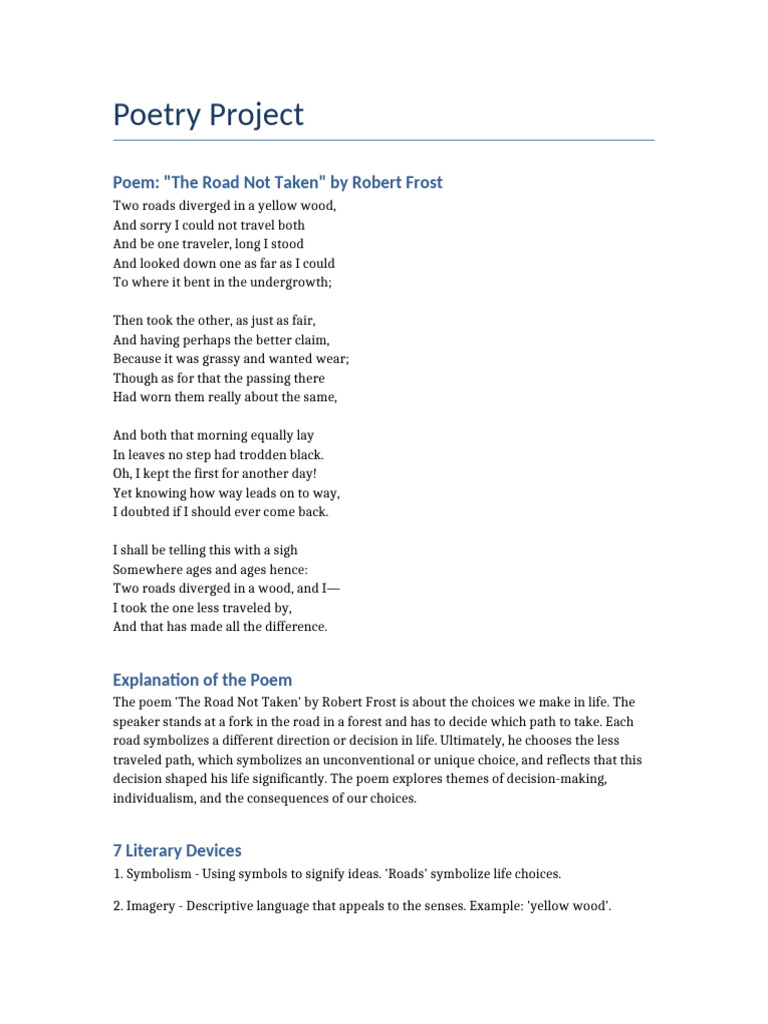 Poetry Project Road Not Taken | PDF | Poetry | Poetic Devices