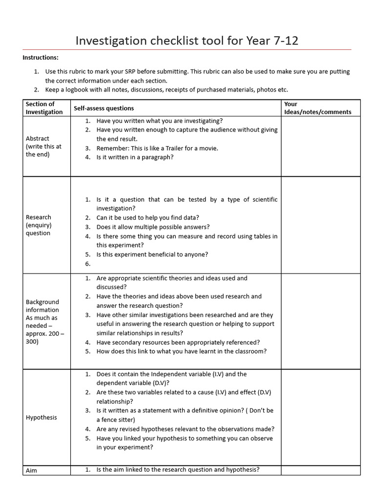 Investigation Checklist Tool | PDF | Experiment | Hypothesis