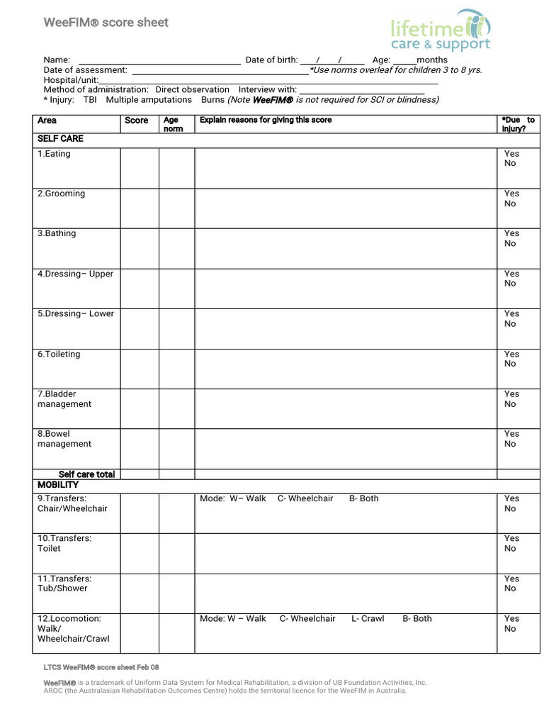 WeeFIM Score Sheet For Children | PDF