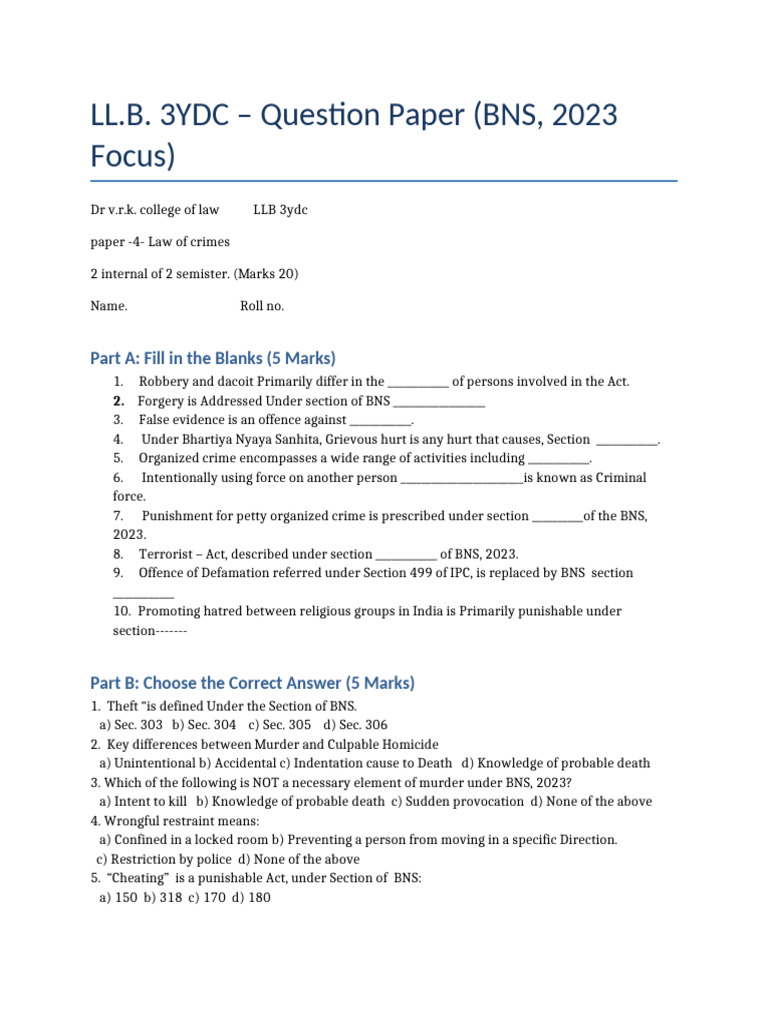 BNS Question Paper | PDF | Crimes | Crime & Violence
