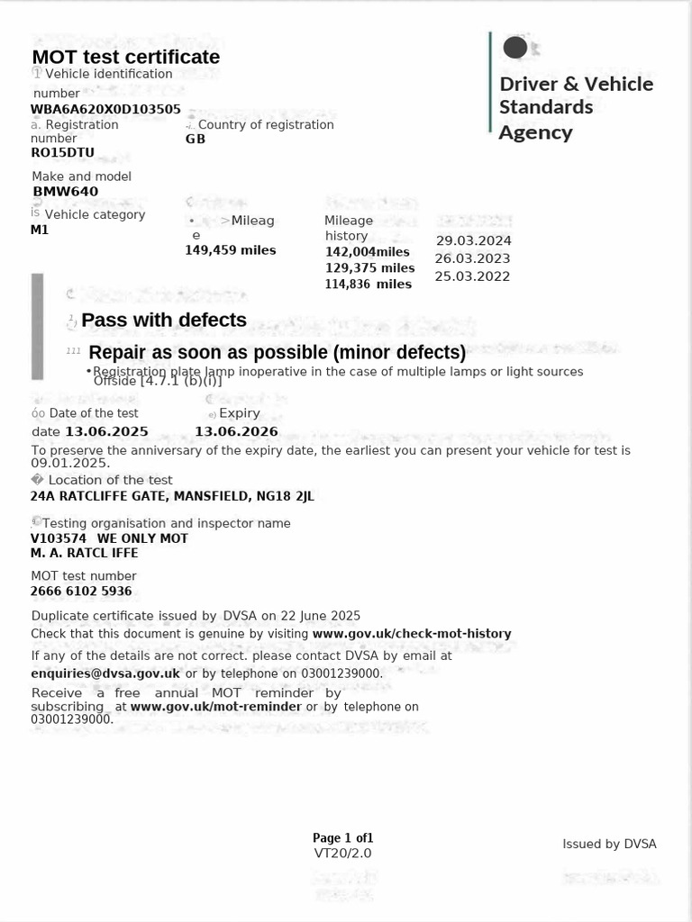 MOT Certificate for BMW 640 in Mansfield | PDF