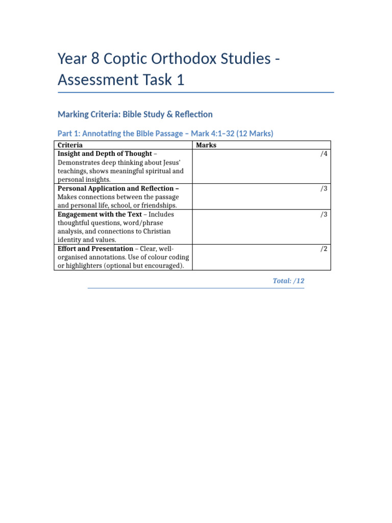 Y8 COS Task 1 Marking Criteria 2025 | PDF | Prayer | Gospel Of Mark
