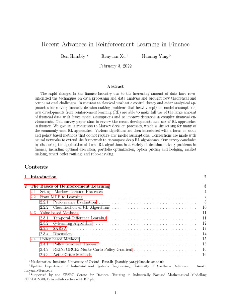 Recent Advances in Reinforcement Learning in Finance | PDF | Applied Mathematics | Mathematics