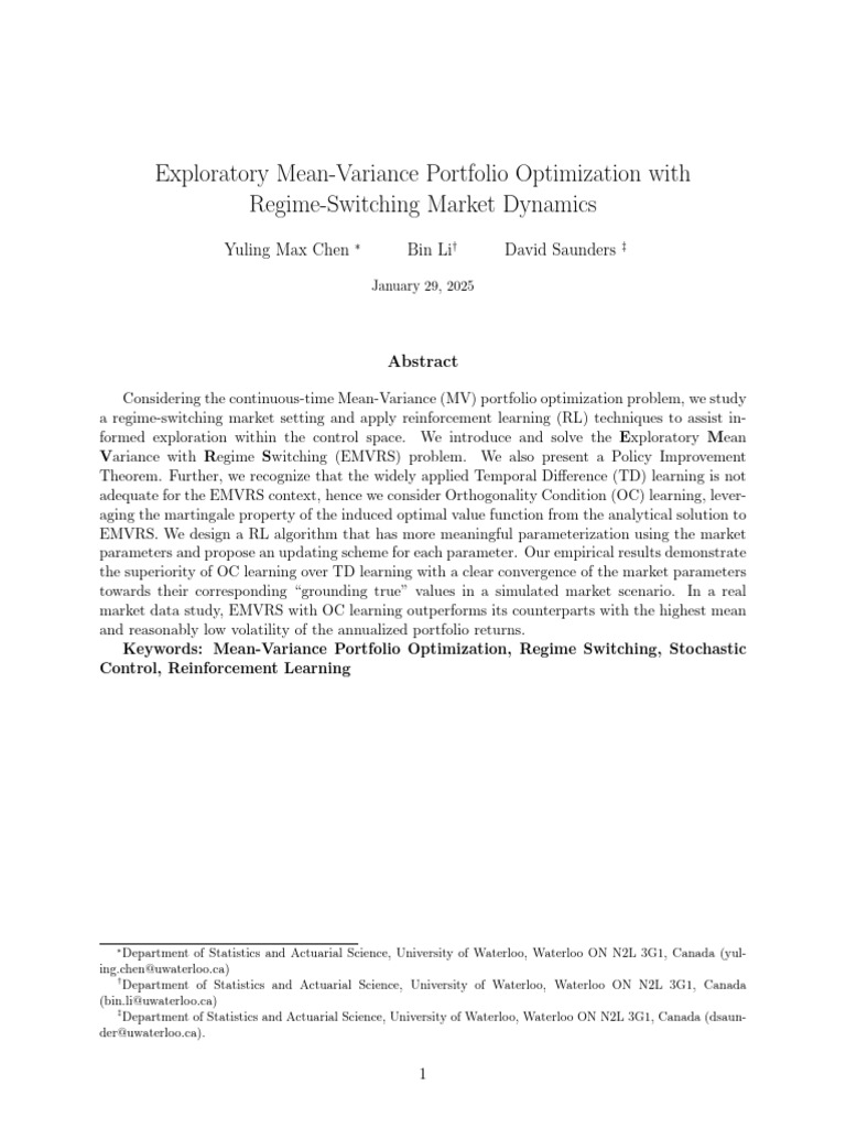 Exploratory Mean-Variance Portfolio Optimization With | PDF | Markov Chain | Mathematical ...