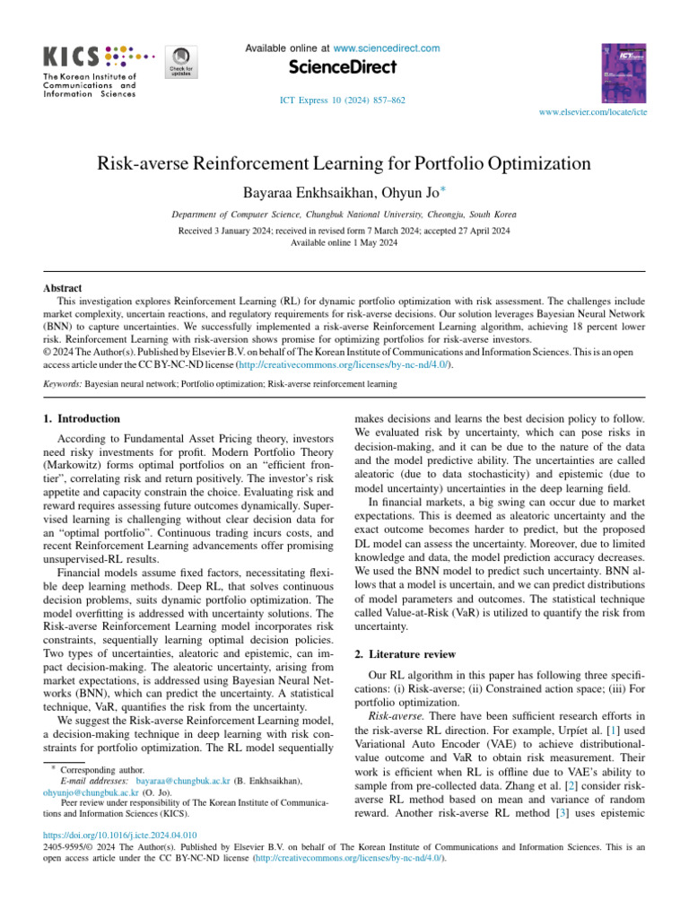 Risk-Averse Reinforcement Learning for Portfolio Optimization | PDF | Risk | Risk Aversion