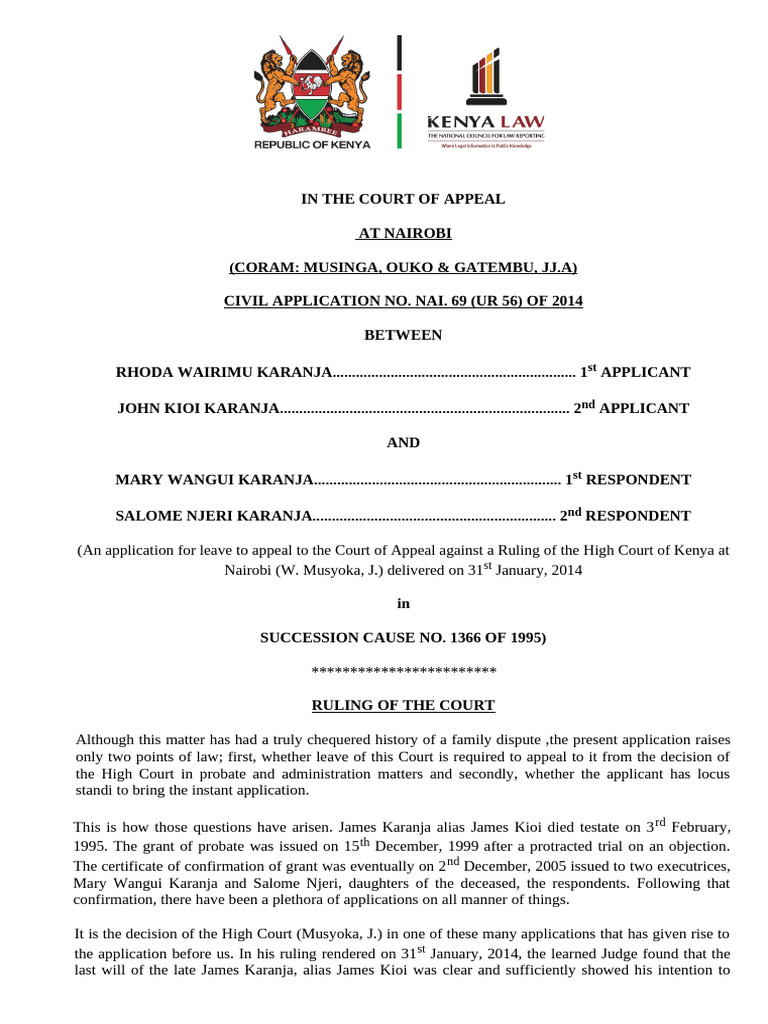 Rhoda Wairimu Karanja Another V Mary Wangui Karanja Another 2014KECA255 ...