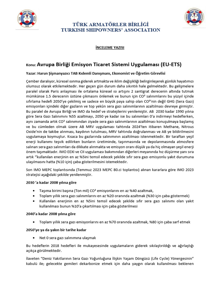 Avrupa Birligi Emisyon Ticaret Sistemi Uygulamasi EU ETS Konulu Yazi | PDF