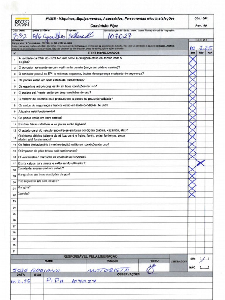 Check List - Caminhão Pipa - 10-02-2025 Até 15-02-2025 | PDF