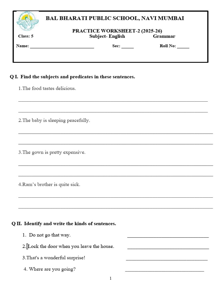 Class 5 English Practice Worksheet - 2 (25-26) | PDF | Linguistic ...