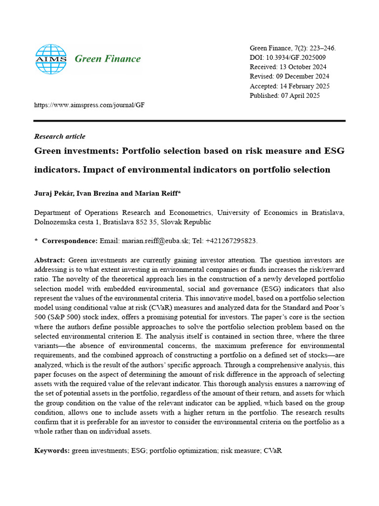 Green Investments Portfolio Selection Based On Risk Measure and ESG Indicators | PDF | Investing ...