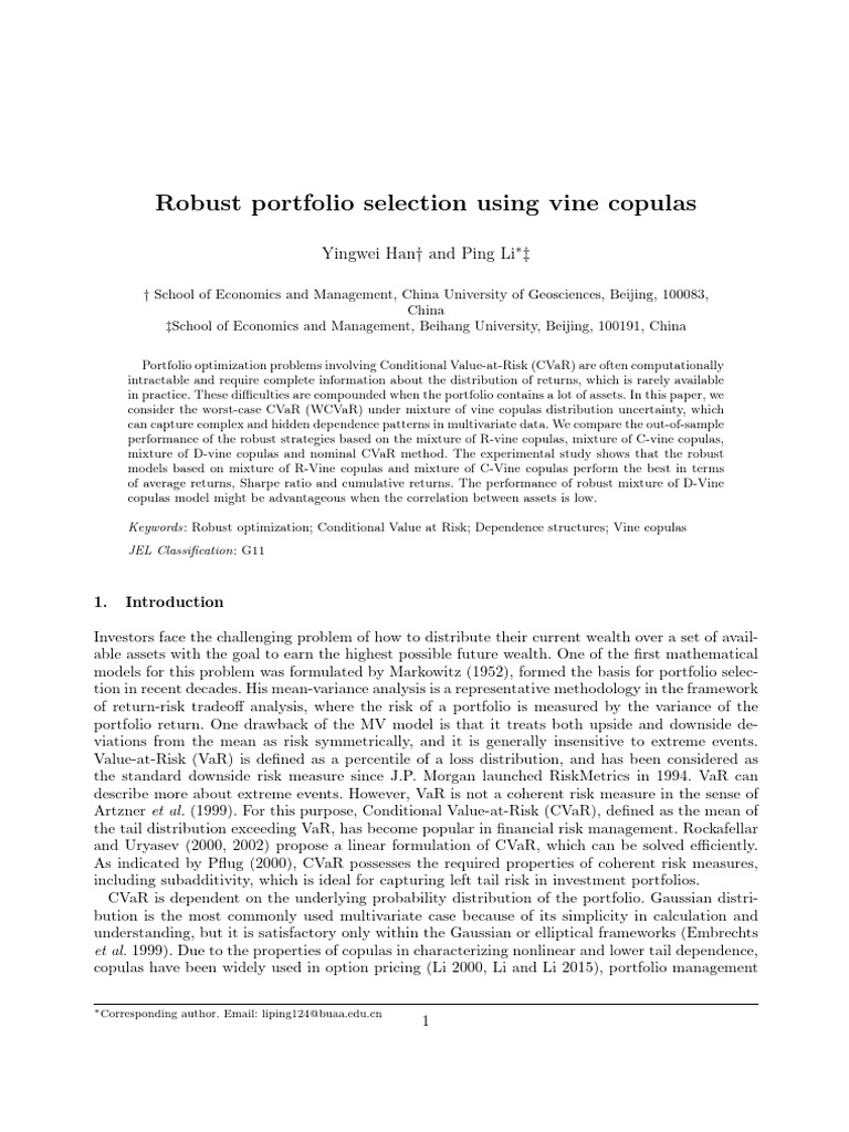Robust Portfolio Selection Using Vine Copulas | PDF | Value At Risk | Probability