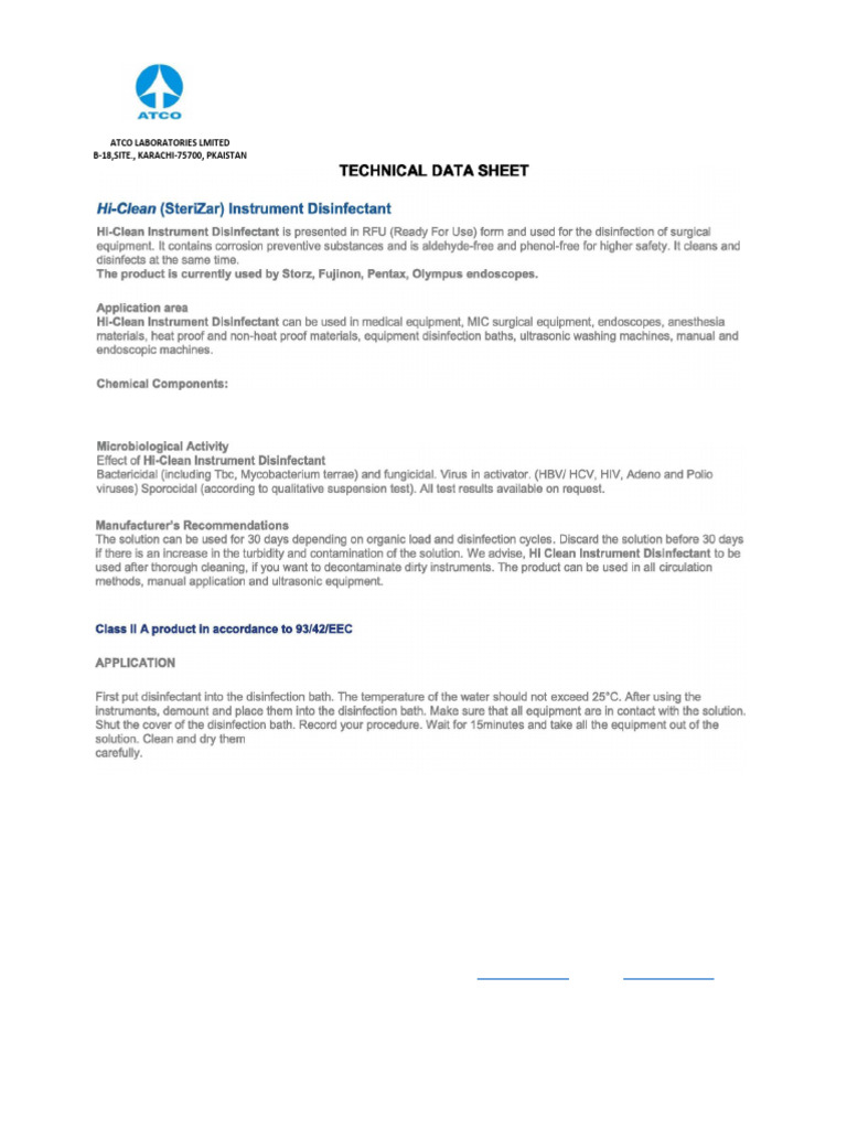 HiClean Instrument Disinfectant Data Sheet-2014 | PDF