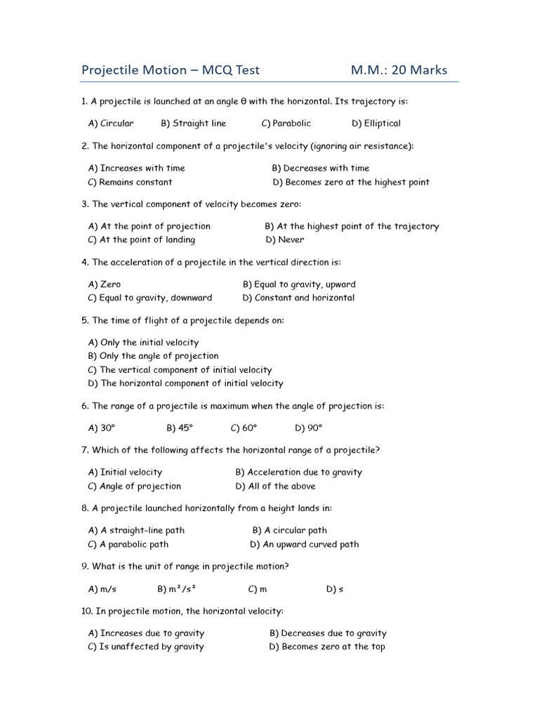 Projectile Motion MCQ Test | PDF | Projectiles | Mechanical Engineering