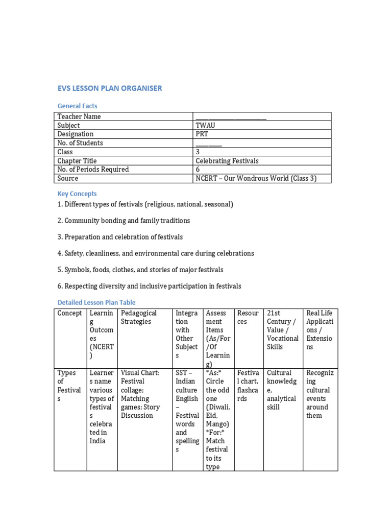 EVS Lesson Plan Celebrating Festivals Class3 | PDF | Learning