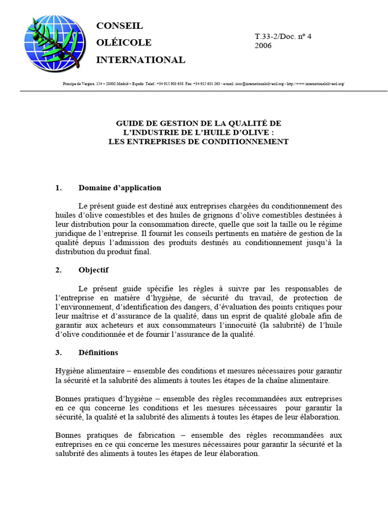 Guide qualité pour le conditionnement d'huile d'olive | PDF | Analyse ...