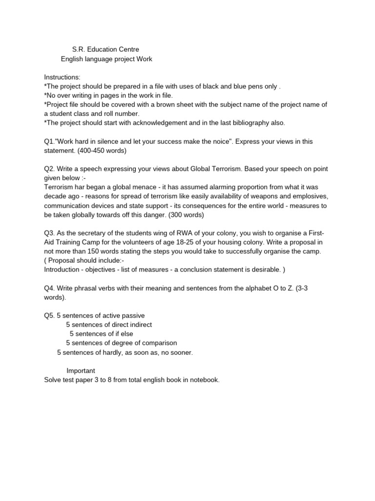 English Language Project Work of Class XII | PDF