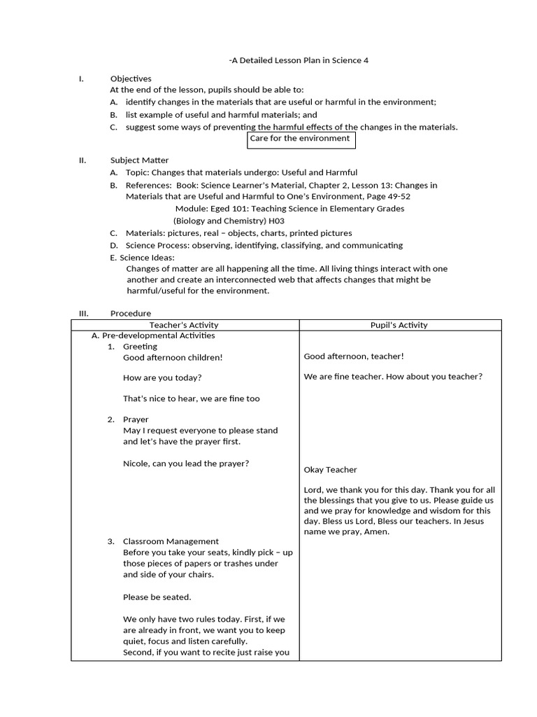 Science Lesson Plan: Useful vs. Harmful Materials | PDF | Liquids | Gases