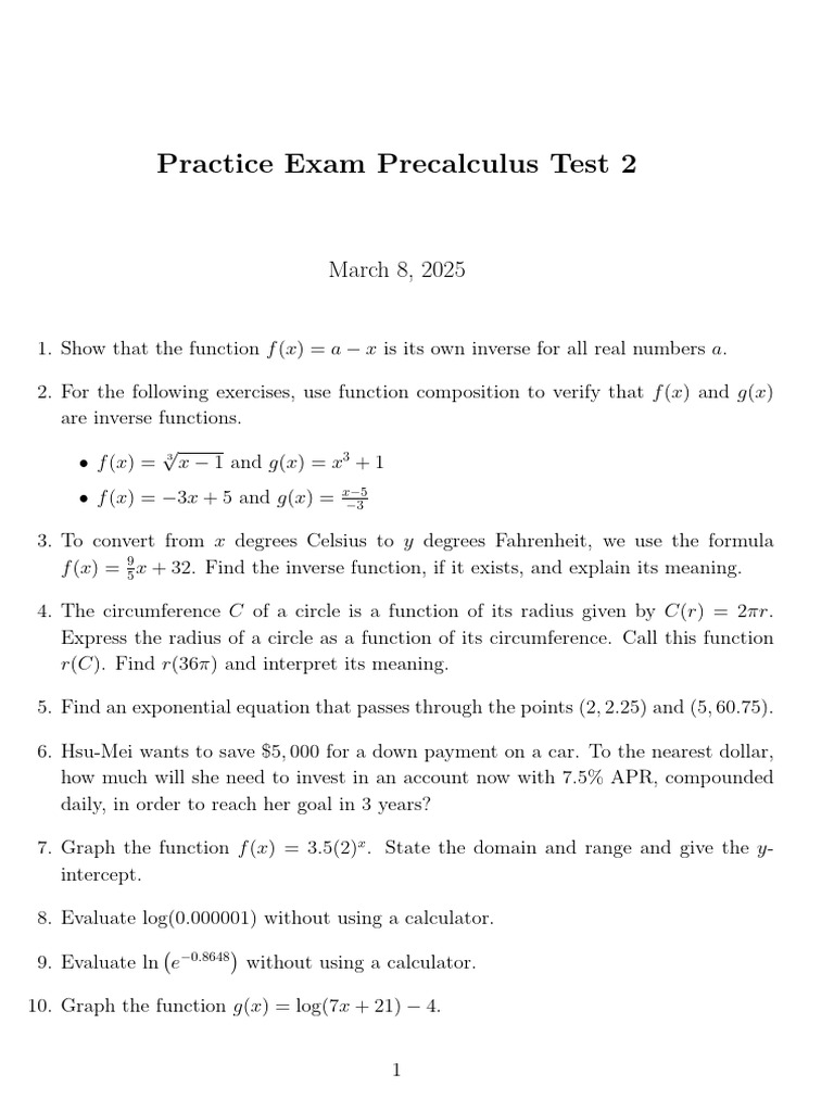 Practice Exam 2 Precalculus MDC | PDF | Function (Mathematics) | Logarithm