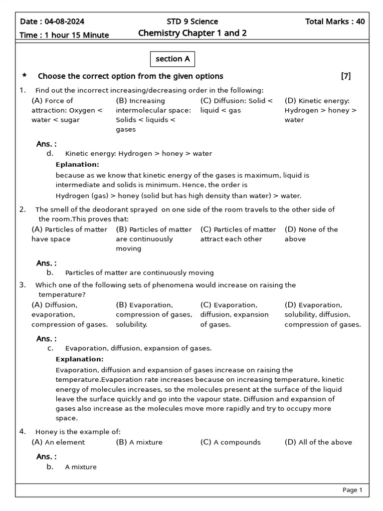 Chemistry Chapter 1 and 2 - Solution | PDF | Mixture | Evaporation
