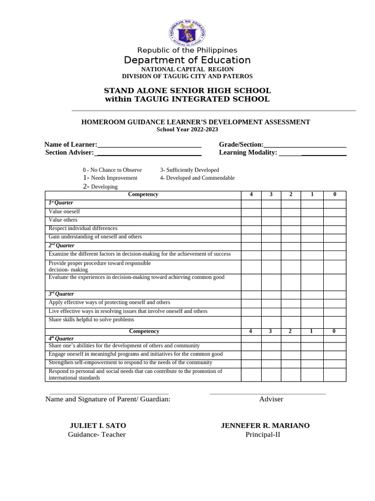 Senior High Homeroom Guidance Assessment | PDF