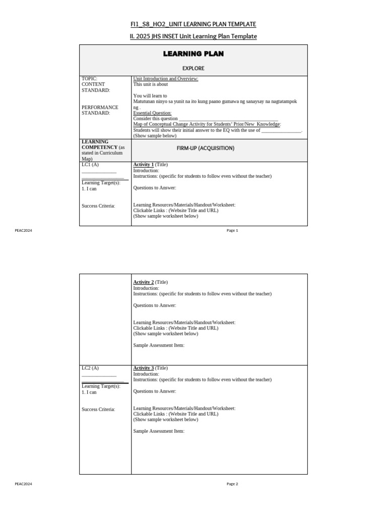 s8 - Template 1 - Unit Learning Plan | PDF | Worksheet | Procedural Knowledge