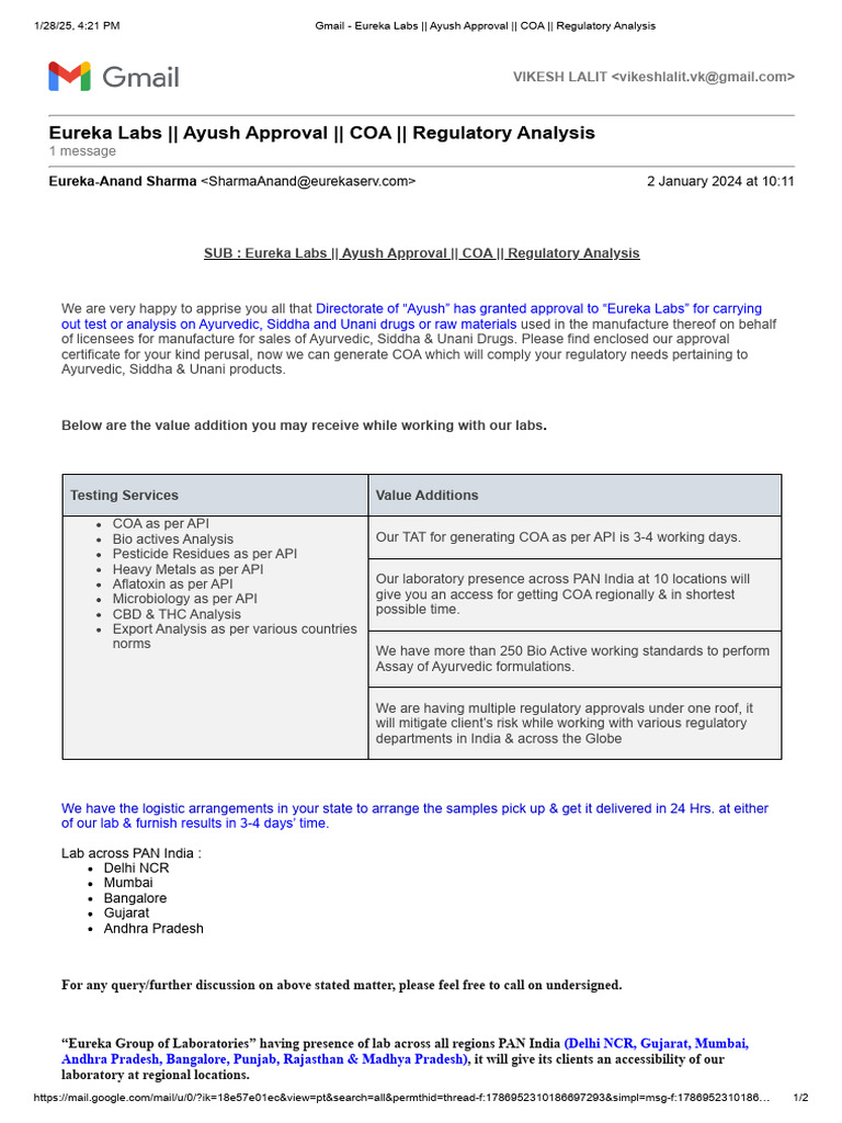 Eureka Labs - Ayush Approval - COA - Regulatory Analysis | PDF