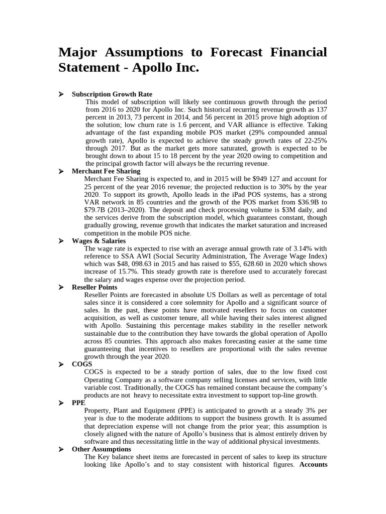 Assumption of Financial Statements Projection - Apollo Inc. | PDF ...