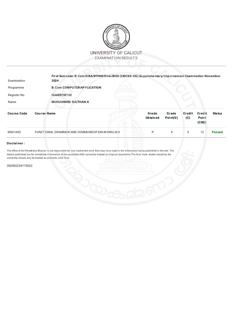 University of Calicut - Online Results | PDF