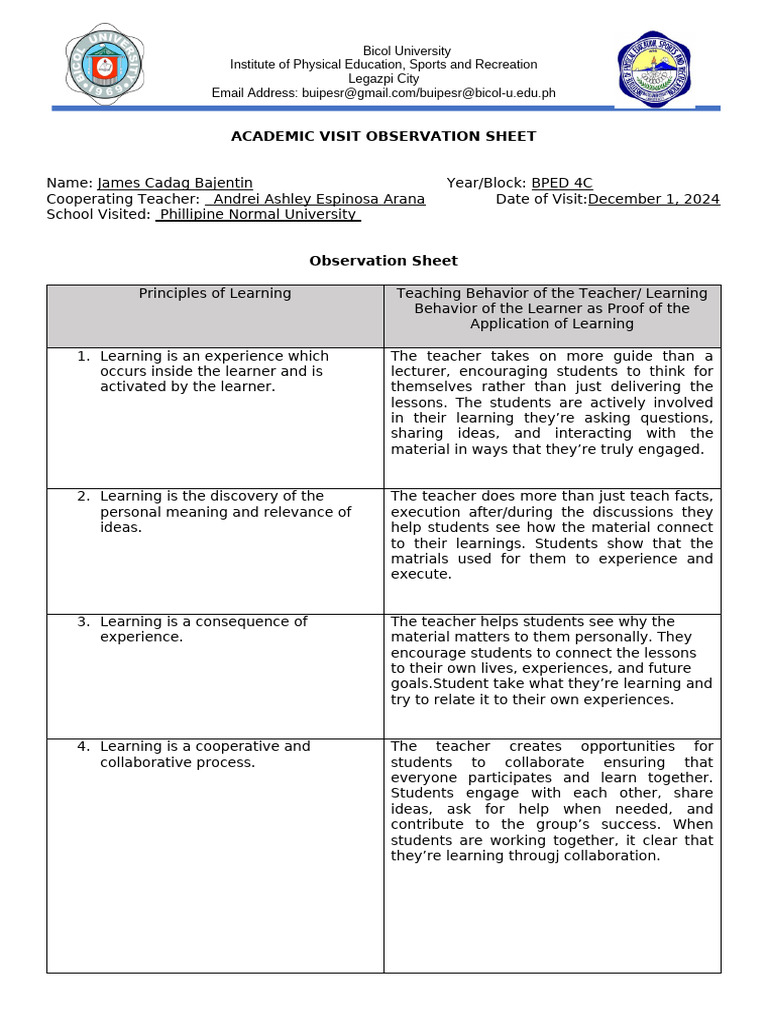 Acad Visit Observation Sheet Learner Teacher | PDF | Learning | Teachers