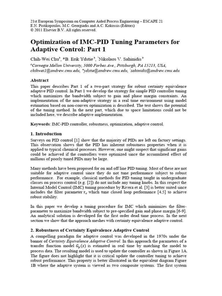 Optimization of IMC-PID Tuning Parameters ForAdaptive ControlPart 1 ...