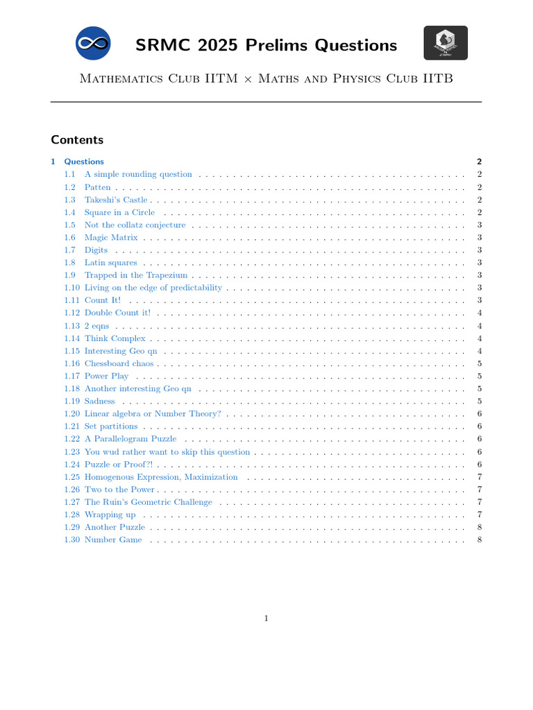SRMC 2025 Prelims Math Questions | PDF | Sequence | Numbers