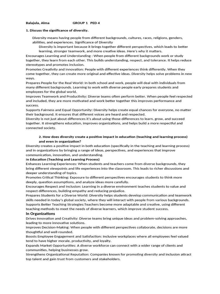 Balajula Maam Ped 4 Assignment | PDF | Diversity (Business) | Inclusion (Education)