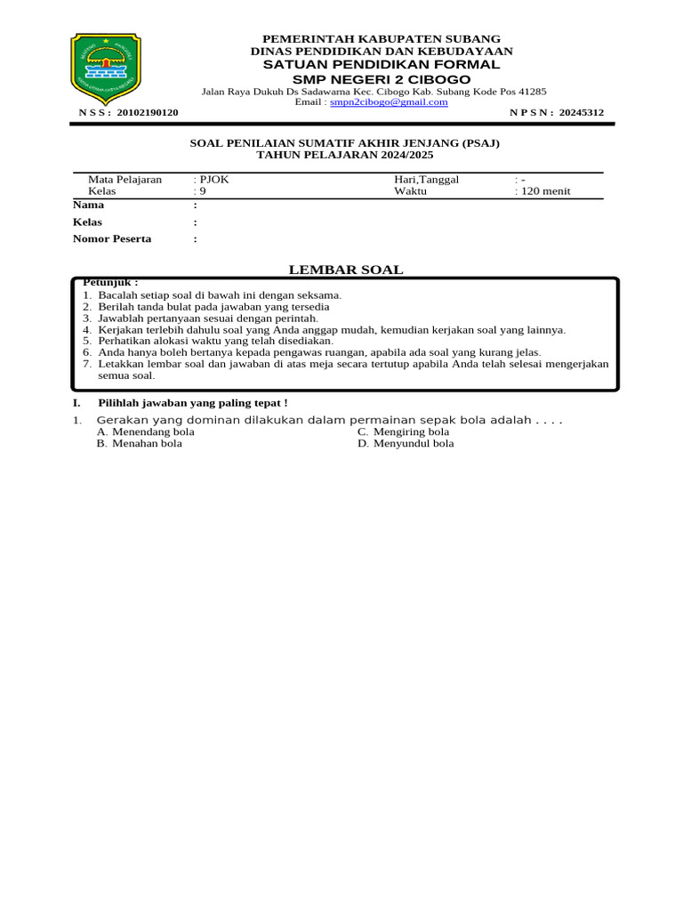Soal Psaj Pjok Kelas 9 Haddian | PDF