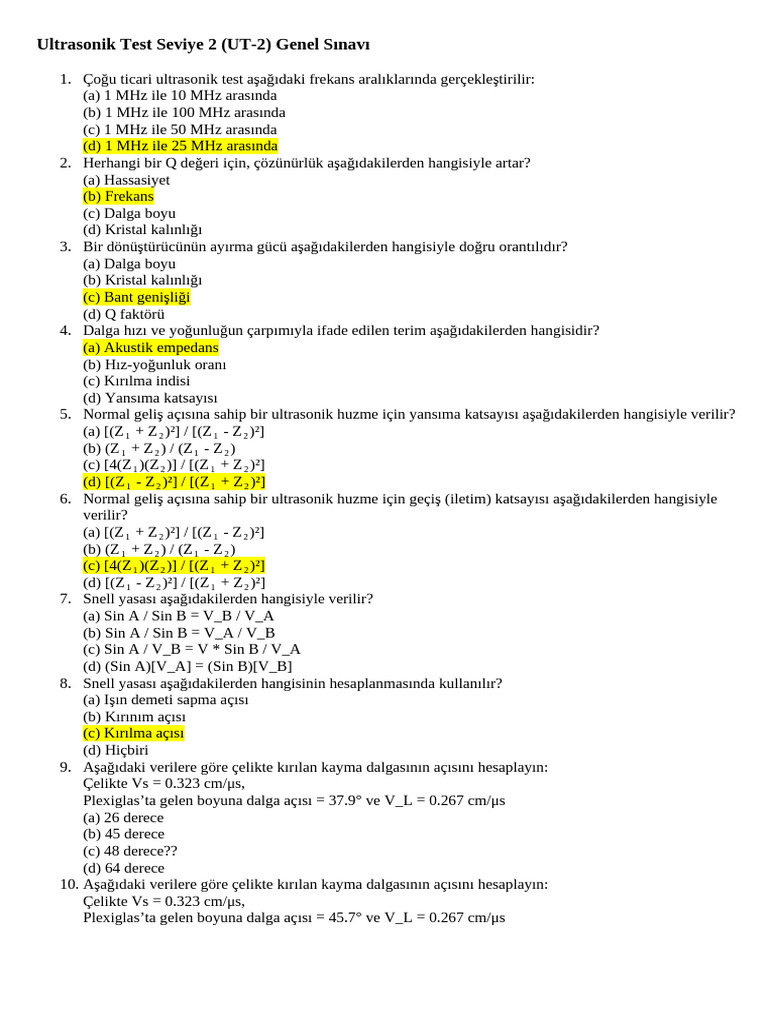 Ultrasonik Muayene Eğitim Deneme Sınavı Ut2 | PDF