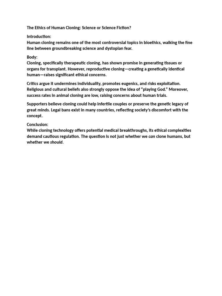 The Ethics of Human Cloning Science or Science Fiction | PDF