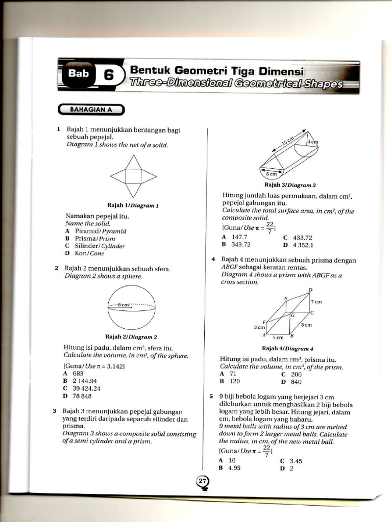 Math Form 2 Bab 6 Latihan Bentuk Geometri Tiga Dimensi Part 1 | PDF