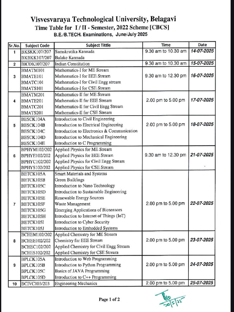 Vtu Time Tablet For 2nd Sem | PDF