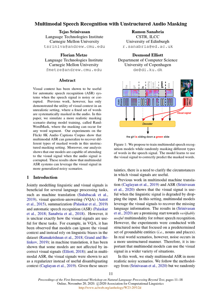 Multimodal Speech Recognition With Unstructured Audio Masking | PDF | Speech Recognition | Word