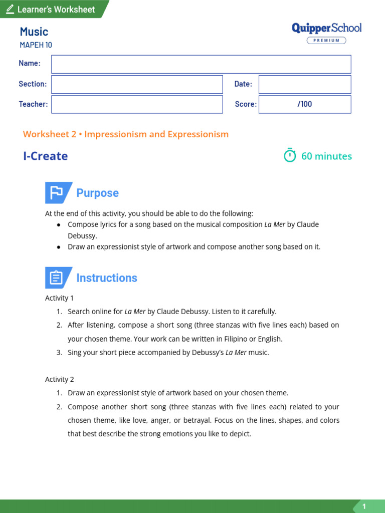 MU 10 Q1 01 Impressionism and Expressionism SW2 | PDF | Expressionism