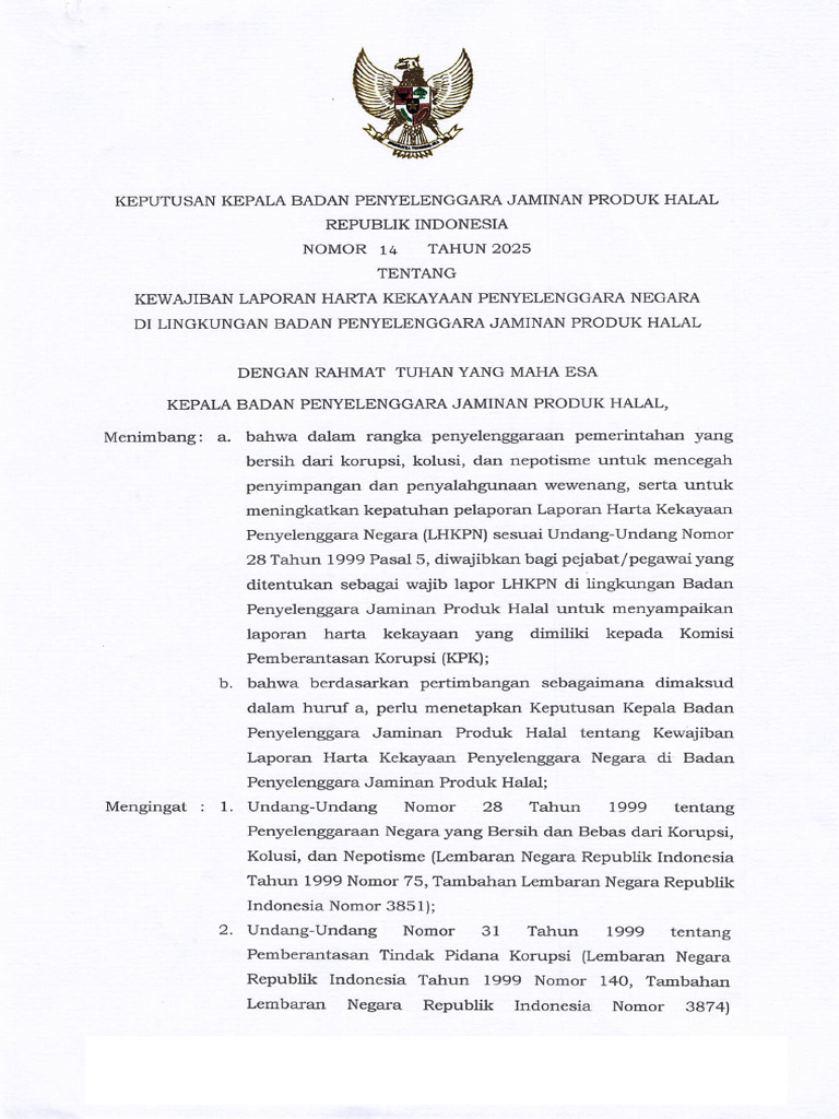 Kepkaban BPJPH - No. 14 Tahun 2025 Kewajiban Laporan Harta Kekayaan Penyelenggara Negara Di ...