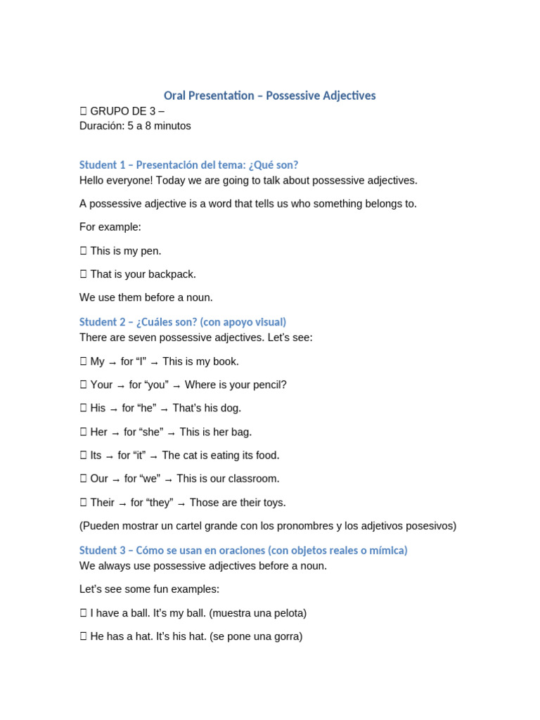Oral Presentation Possessive Adjectives | PDF