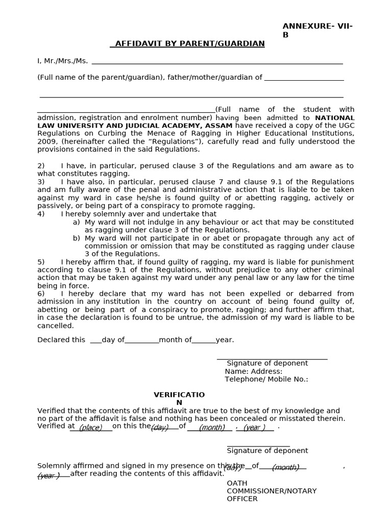 Annexure VII ANTIRAGGING - PARENT-AFFIDAVIT-Annexure B | PDF ...